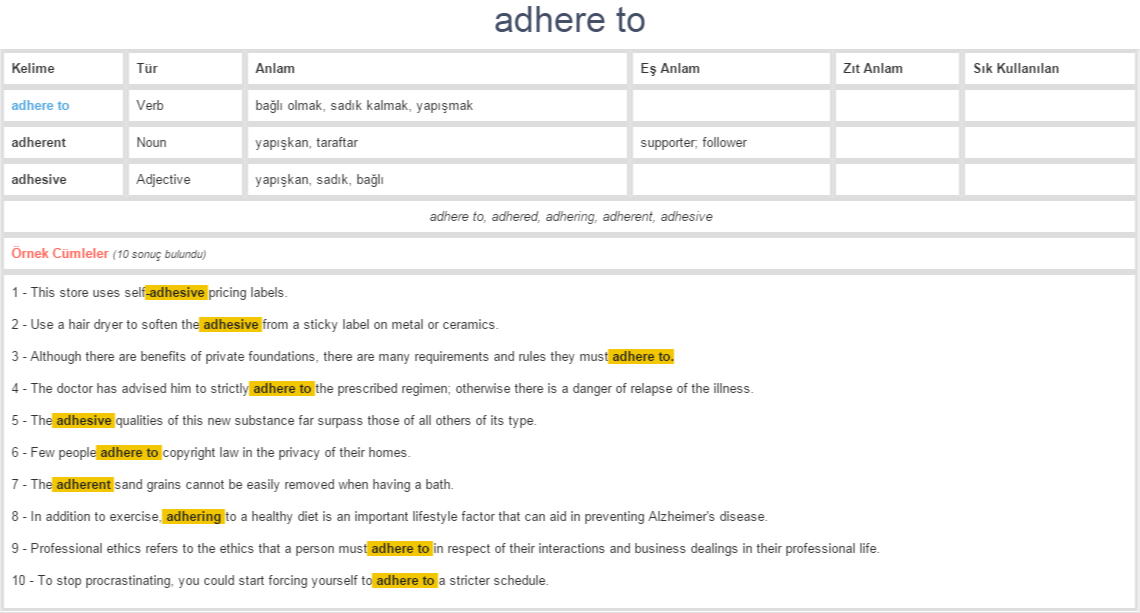 adhere to ne demek, anlamı nedir | YDS - YÖKDİL İNGİLİZCE-TÜRKÇE ...