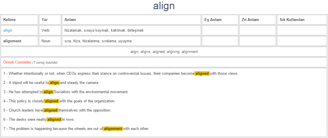 align ne demek, anlamı nedir | YDS - YÖKDİL İNGİLİZCE-TÜRKÇE BAĞLAMSAL ...