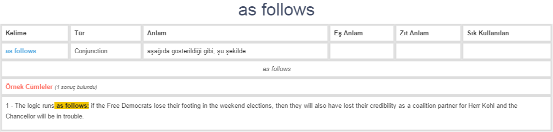 as follows ne demek, anlamı nedir | YDS - YÖKDİL İNGİLİZCE-TÜRKÇE ...