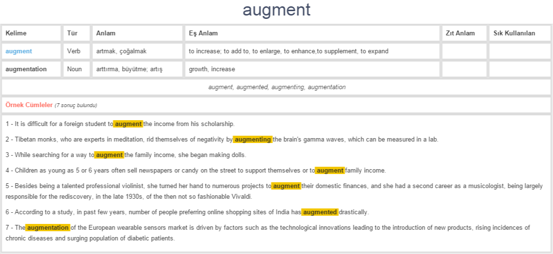 augment ne demek, anlamı nedir | YDS - YÖKDİL İNGİLİZCE-TÜRKÇE ...