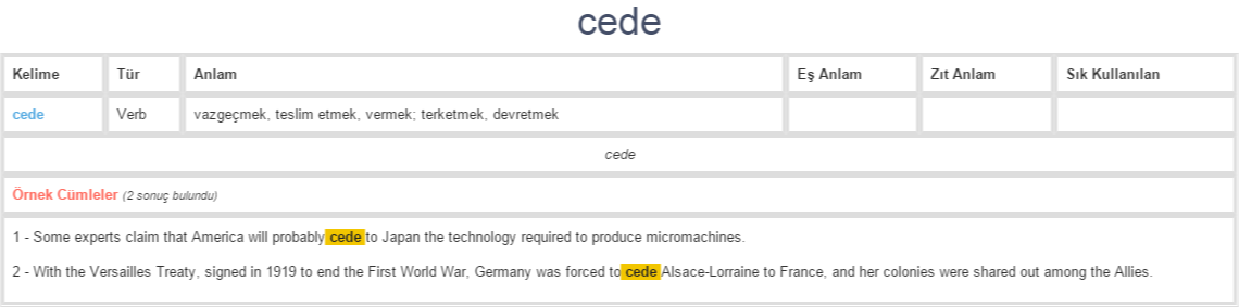 cede ne demek, anlamı nedir | YDS - YÖKDİL İNGİLİZCE-TÜRKÇE BAĞLAMSAL ...