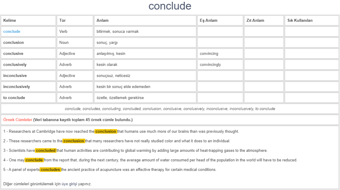 conclude ne demek, anlamı nedir | YDS - YÖKDİL İNGİLİZCE-TÜRKÇE ...