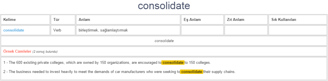 consolidate ne demek, anlamı nedir | YDS - YÖKDİL İNGİLİZCE-TÜRKÇE ...