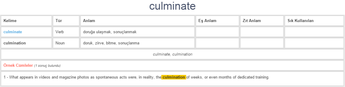 culminate ne demek, anlamı nedir | YDS - YÖKDİL İNGİLİZCE-TÜRKÇE ...