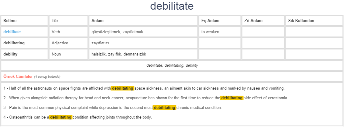 debilitate ne demek, anlamı nedir | YDS - YÖKDİL İNGİLİZCE-TÜRKÇE ...