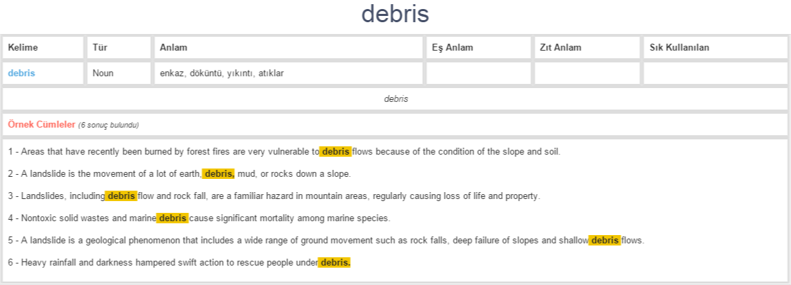 debris ne demek, anlamı nedir | YDS - YÖKDİL İNGİLİZCE-TÜRKÇE BAĞLAMSAL ...