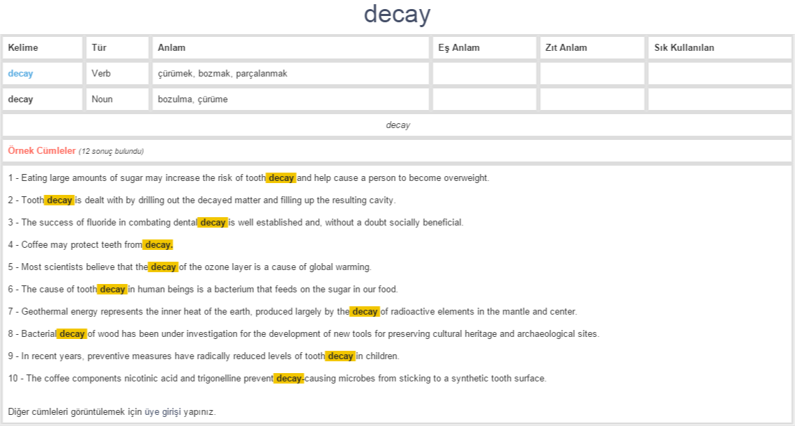 decay ne demek, anlamı nedir | YDS - YÖKDİL İNGİLİZCE-TÜRKÇE BAĞLAMSAL ...