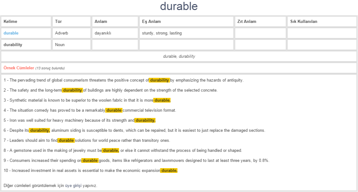 durable ne demek, anlamı nedir | YDS - YÖKDİL İNGİLİZCE-TÜRKÇE ...