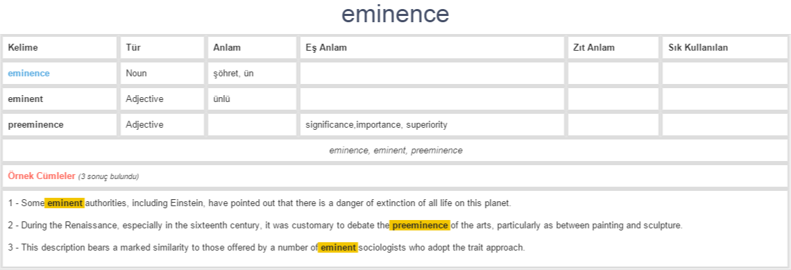 eminence ne demek, anlamı nedir | YDS - YÖKDİL İNGİLİZCE-TÜRKÇE ...