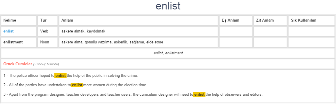 enlist ne demek, anlamı nedir | YDS - YÖKDİL İNGİLİZCE-TÜRKÇE BAĞLAMSAL ...