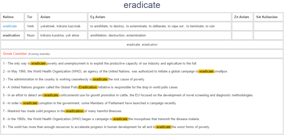eradicate ne demek, anlamı nedir | YDS - YÖKDİL İNGİLİZCE-TÜRKÇE ...