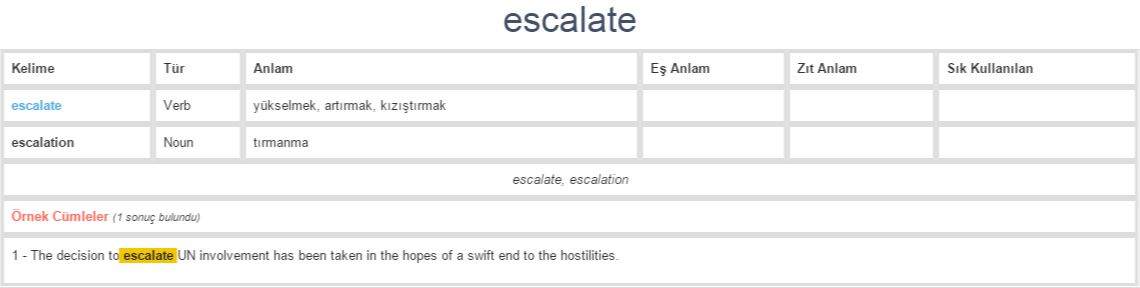 escalate ne demek, anlamı nedir | YDS - YÖKDİL İNGİLİZCE-TÜRKÇE ...