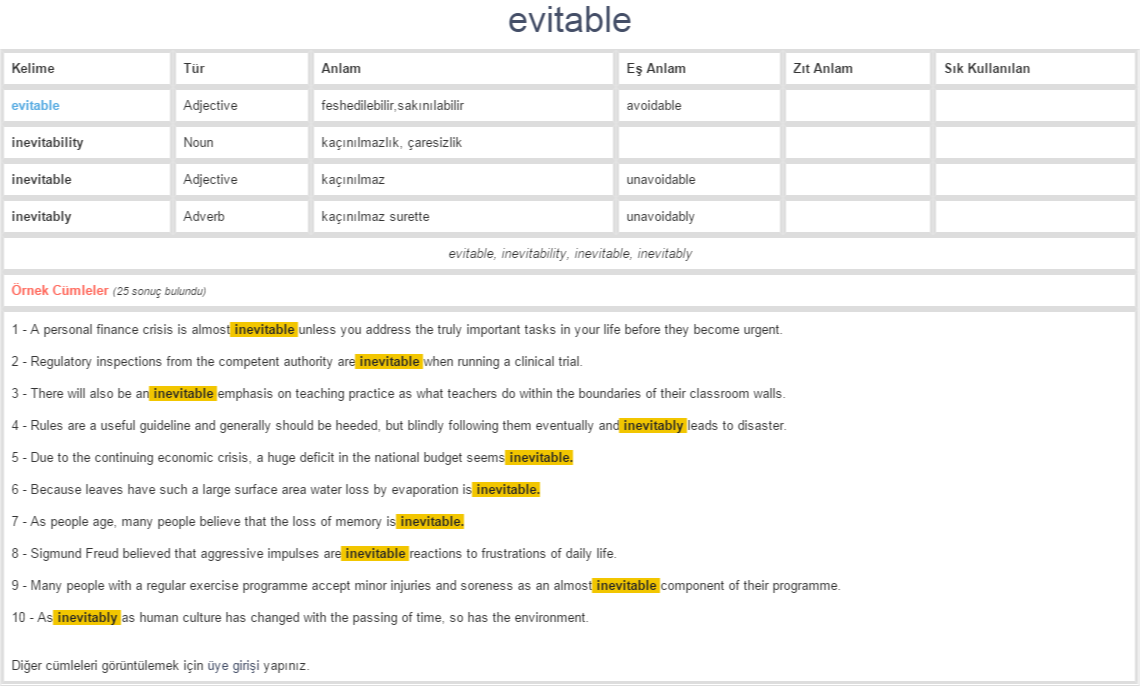 evitable ne demek, anlamı nedir | YDS - YÖKDİL İNGİLİZCE-TÜRKÇE ...
