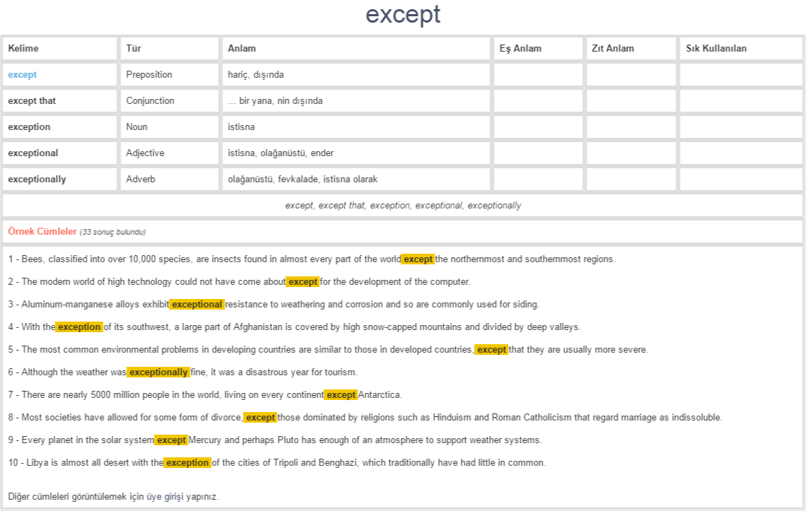 except ne demek, anlamı nedir | YDS - YÖKDİL İNGİLİZCE-TÜRKÇE BAĞLAMSAL ...