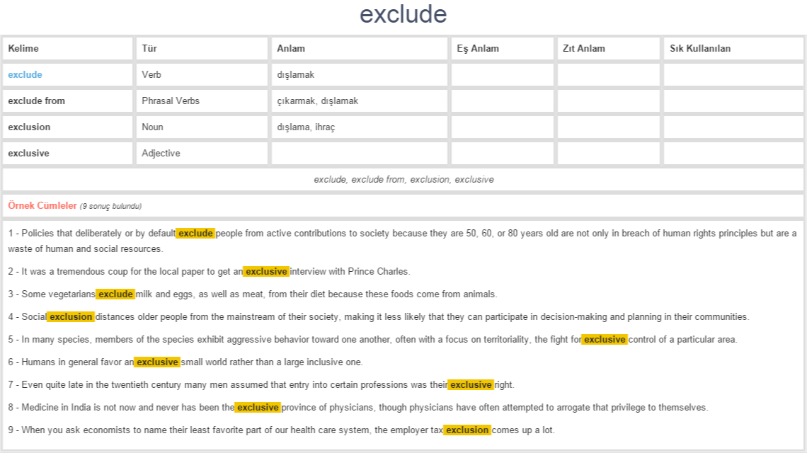 exclude ne demek, anlamı nedir | YDS - YÖKDİL İNGİLİZCE-TÜRKÇE ...