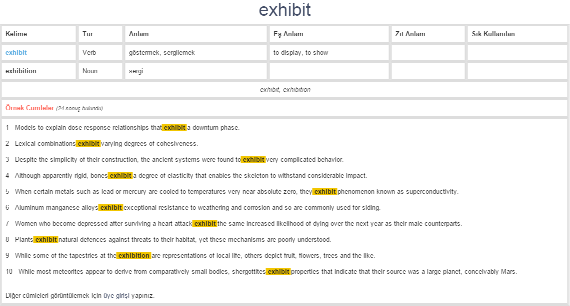 exhibit ne demek, anlamı nedir | YDS - YÖKDİL İNGİLİZCE-TÜRKÇE ...
