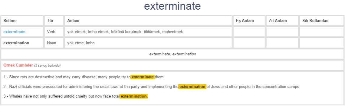 exterminate ne demek, anlamı nedir | YDS - YÖKDİL İNGİLİZCE-TÜRKÇE ...