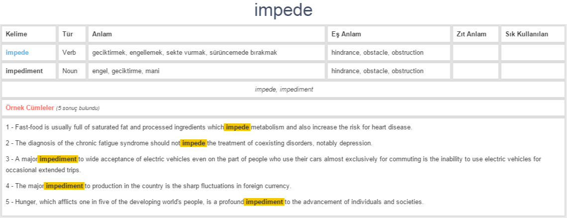 impede ne demek, anlamı nedir | YDS - YÖKDİL İNGİLİZCE-TÜRKÇE BAĞLAMSAL ...