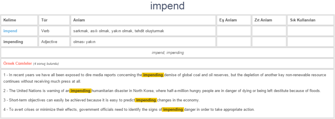 impend ne demek, anlamı nedir | YDS - YÖKDİL İNGİLİZCE-TÜRKÇE BAĞLAMSAL ...