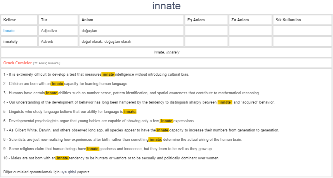 innate ne demek, anlamı nedir | YDS - YÖKDİL İNGİLİZCE-TÜRKÇE BAĞLAMSAL ...