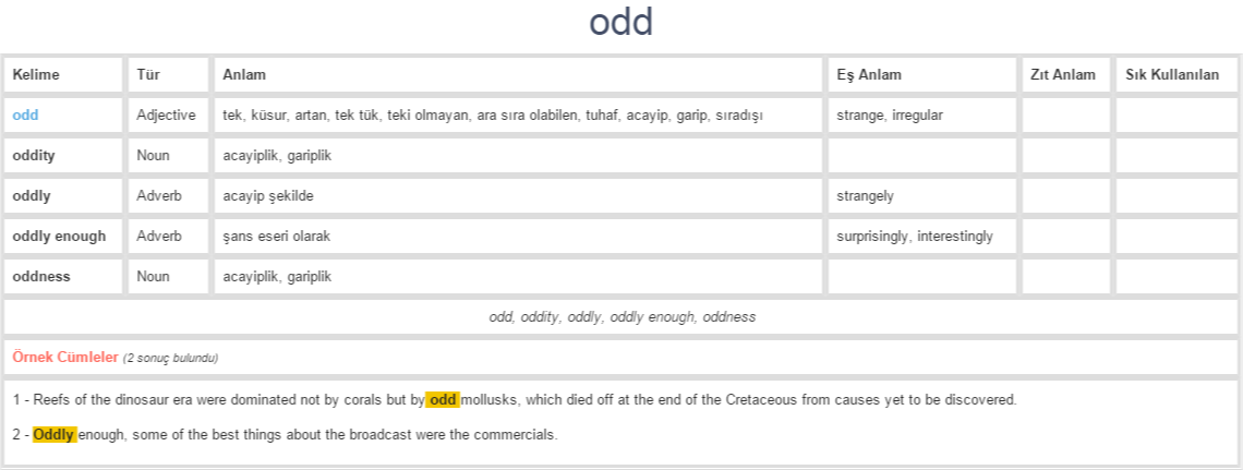 odd ne demek, anlamı nedir | YDS - YÖKDİL İNGİLİZCE-TÜRKÇE BAĞLAMSAL ...