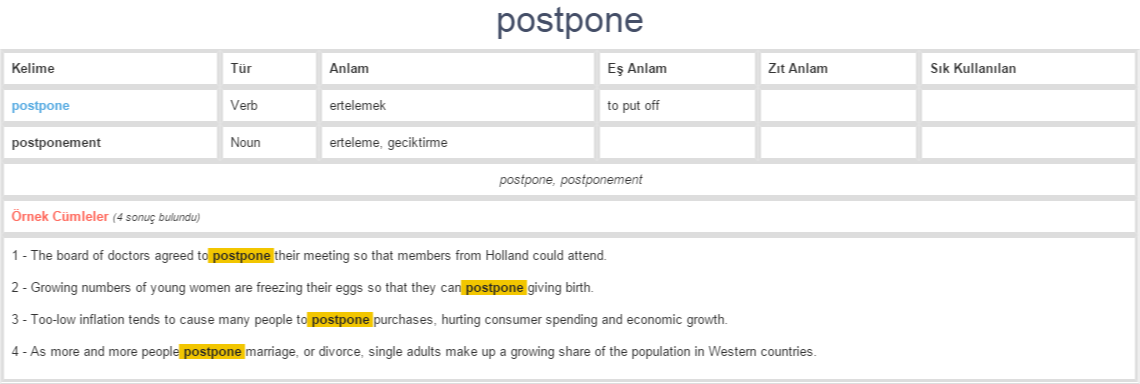 postpone ne demek, anlamı nedir | YDS - YÖKDİL İNGİLİZCE-TÜRKÇE ...