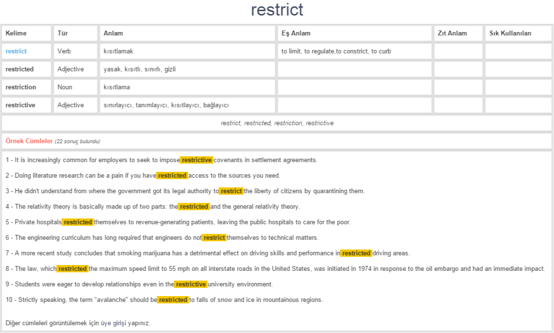 restrict ne demek, anlamı nedir | YDS - YÖKDİL İNGİLİZCE-TÜRKÇE ...
