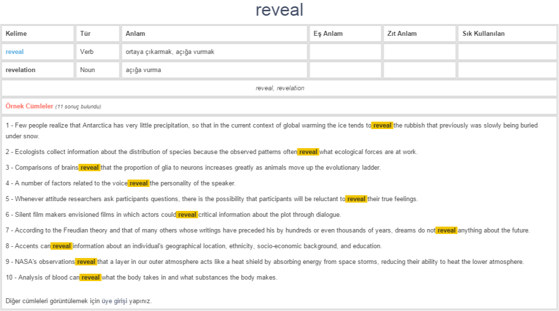 reveal ne demek, anlamı nedir | YDS - YÖKDİL İNGİLİZCE-TÜRKÇE BAĞLAMSAL ...