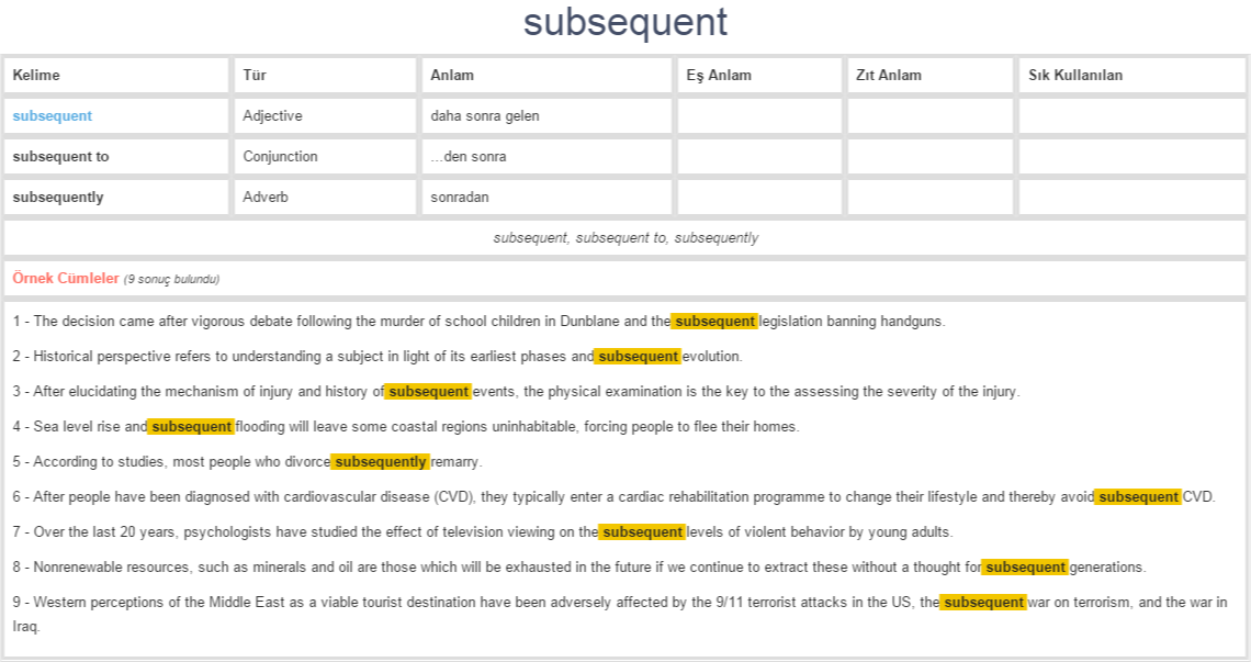subsequent ne demek, anlamı nedir | YDS - YÖKDİL İNGİLİZCE-TÜRKÇE ...