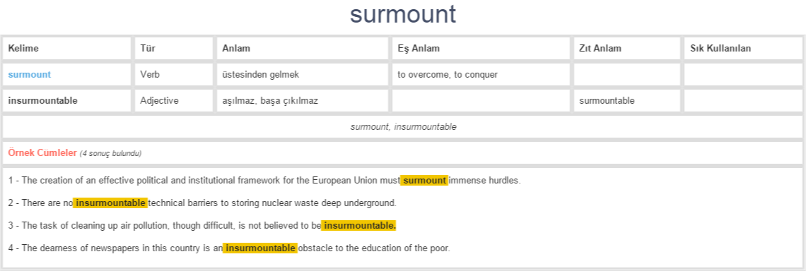 surmount ne demek, anlamı nedir | YDS - YÖKDİL İNGİLİZCE-TÜRKÇE ...