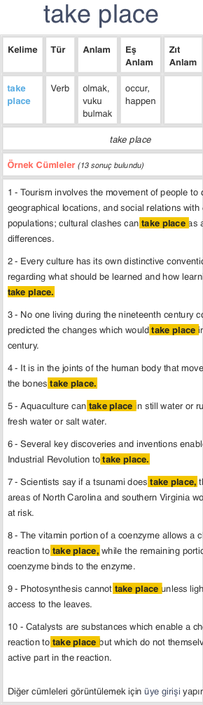take place ne demek, anlamı nedir | YDS - YÖKDİL İNGİLİZCE-TÜRKÇE ...