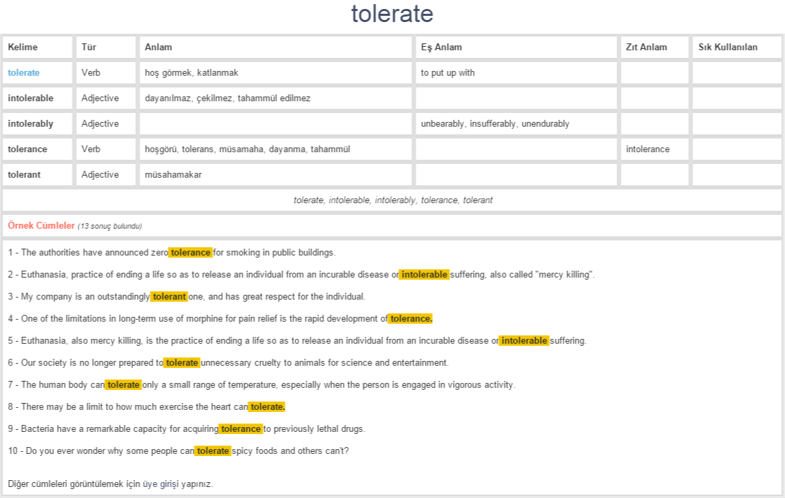 tolerate ne demek, anlamı nedir | YDS - YÖKDİL İNGİLİZCE-TÜRKÇE ...