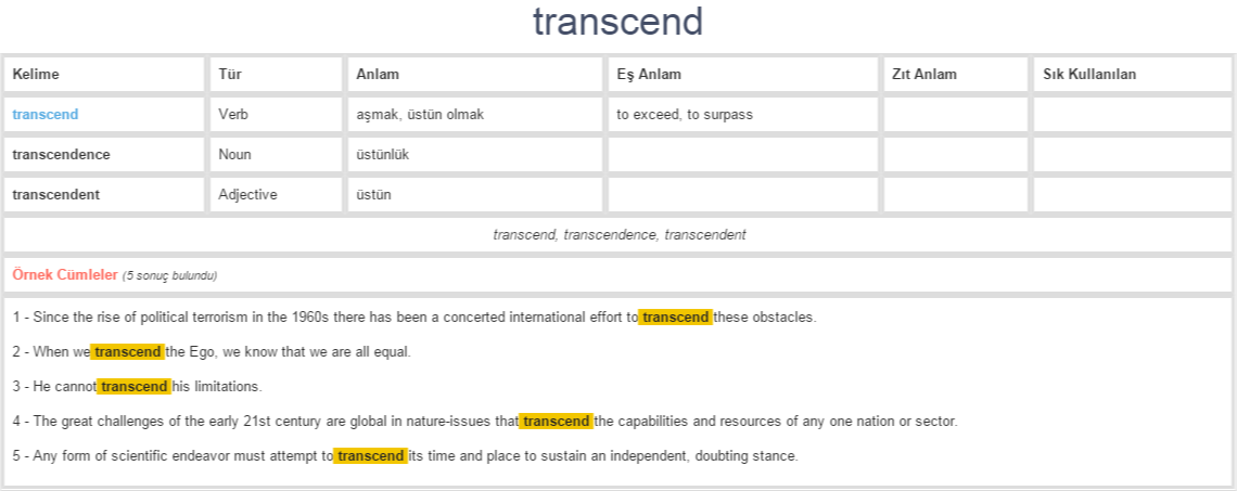 transcend ne demek, anlamı nedir | YDS - YÖKDİL İNGİLİZCE-TÜRKÇE ...
