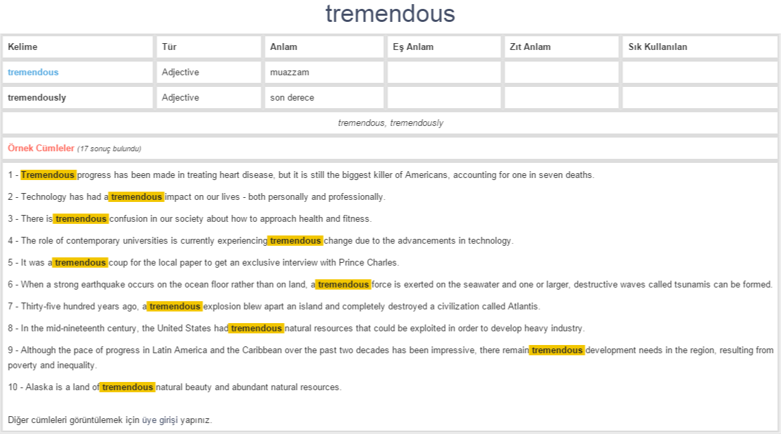 tremendous ne demek, anlamı nedir | YDS - YÖKDİL İNGİLİZCE-TÜRKÇE ...