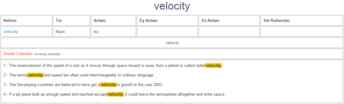 velocity ne demek, anlamı nedir | YDS - YÖKDİL İNGİLİZCE-TÜRKÇE ...